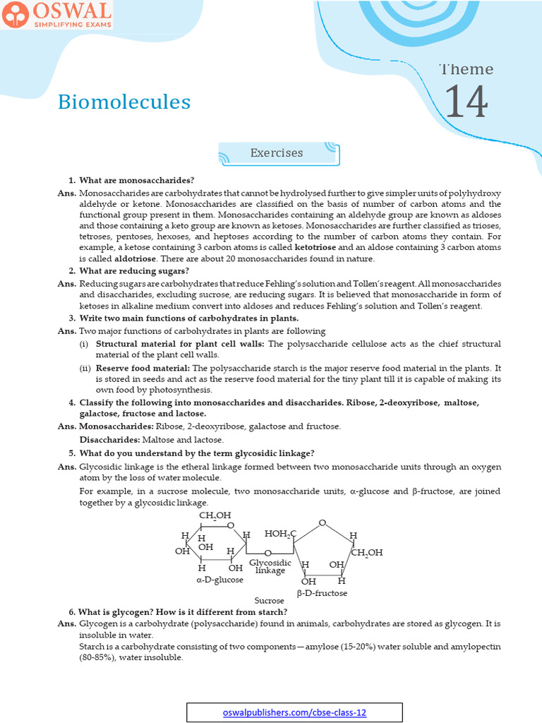 NCERT Solutions For Class 12 Chemistry Chapter 14 Biomolecules | PDF ...