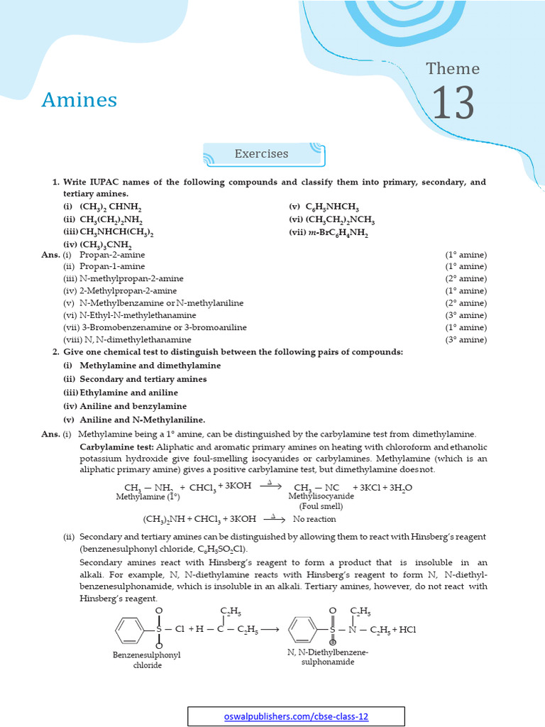NCERT Solutions For Class 12 Chemistry Chapter 13 Amines | PDF