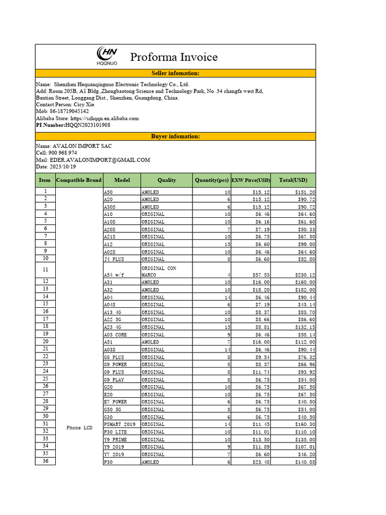 Proforma Invoice For AVALON IMPORT20231204 - 231204 - 182352 | PDF