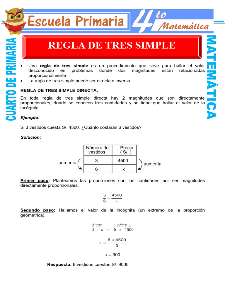 Regla de Tres Simple para Cuarto de Primaria | PDF | Matemáticas ...