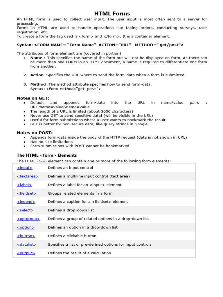HTML Form Notes | Download Free PDF | Html Element | Web Development
