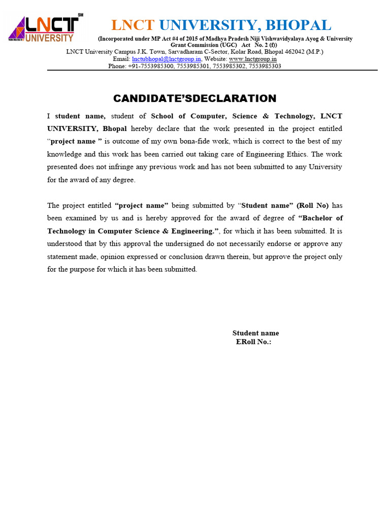 LNCTU Bhopal B.Tech Project Declaration | PDF