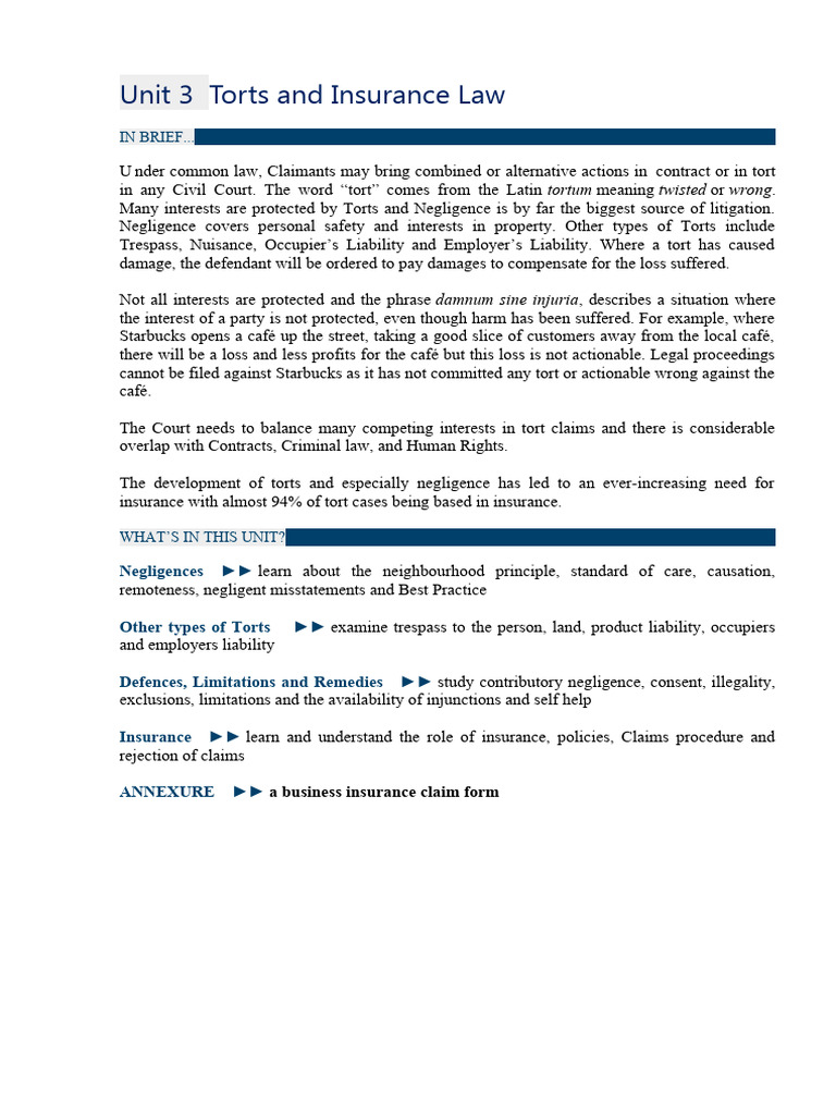 Unit 3 - Torts and Insurance Law | PDF | Damages | Negligence