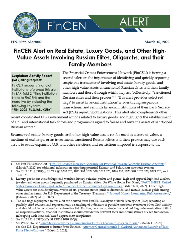 FinCEN Alert Russian Elites High Value Assets - 508 FINAL | PDF | Money ...