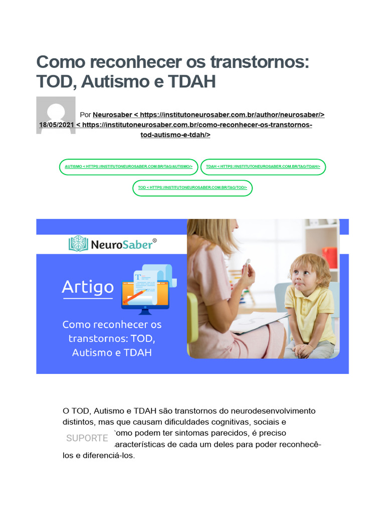 Como Reconhecer Os Transtornos - TOD, Autismo e TDAH - Instituto NeuroSaber | PDF | Bem-estar ...