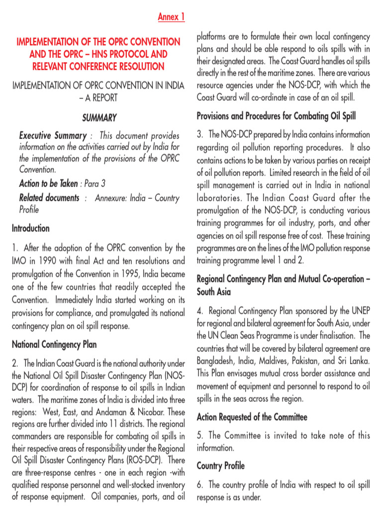 OPRC Convention Implementation in India | PDF | International Relations