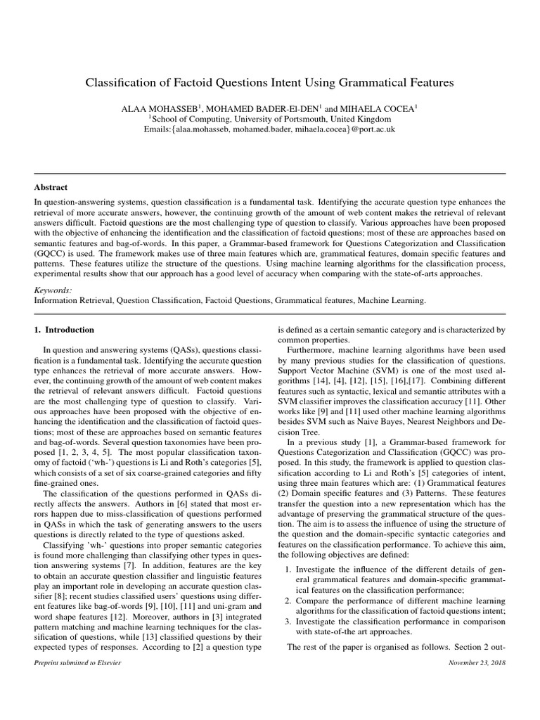 Classification of Factoid Questions Intent Using Grammatical Features ...