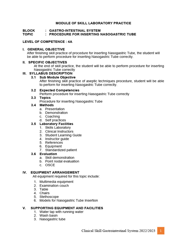 Module of Skill Laboratory Practice NGT Insertion Ta 2022-2023 | PDF