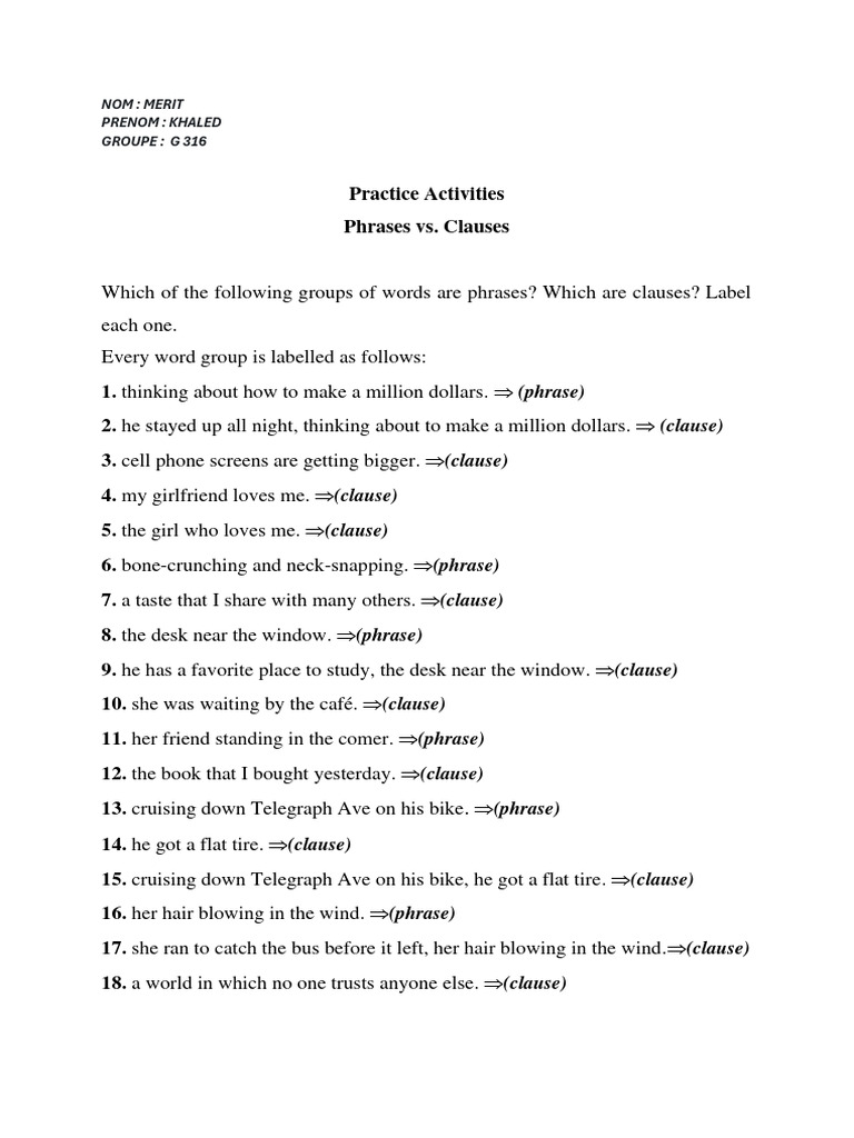 Activity 02 Phrases vs. Clauses MERIT Khaled | PDF | Games & Activities