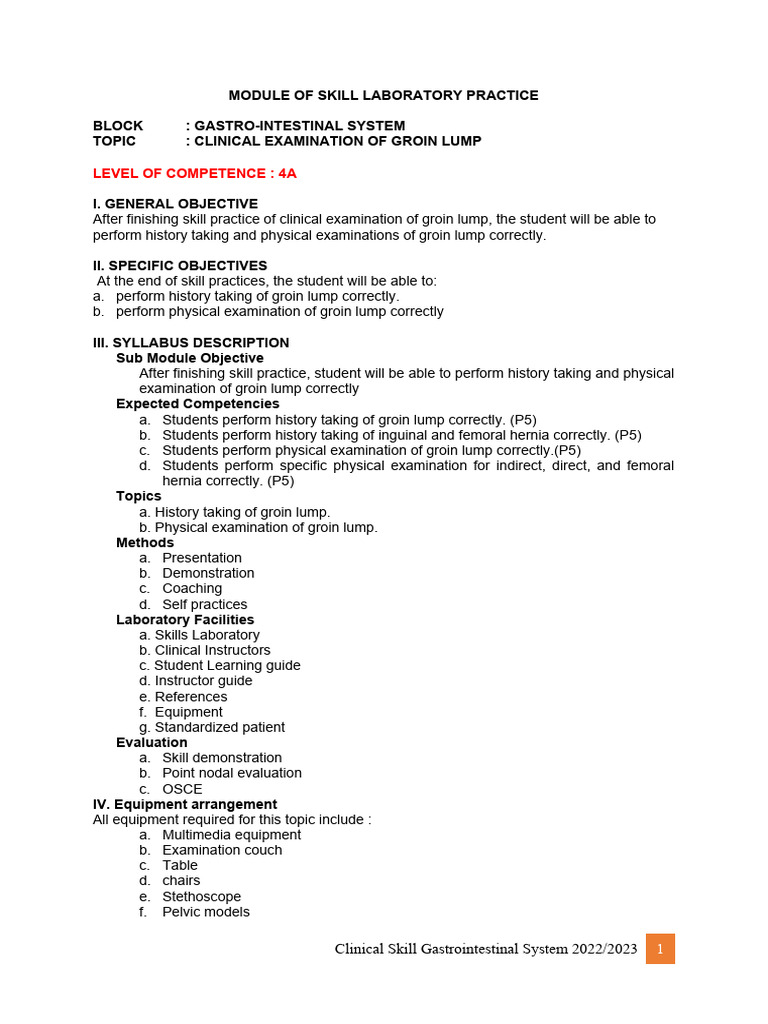 Module of Skill Laboratory Practice HT Pe Hernia Inuinalis 2022-2023 | PDF