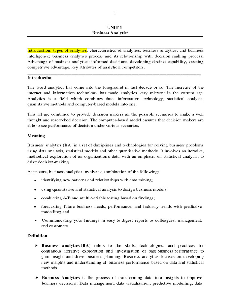 Business Analytics-UNIt 1 Re | PDF | Analytics | Data Analysis Business Analytics-UNIt 1 Re | PDF | Analytics | Data Analysis