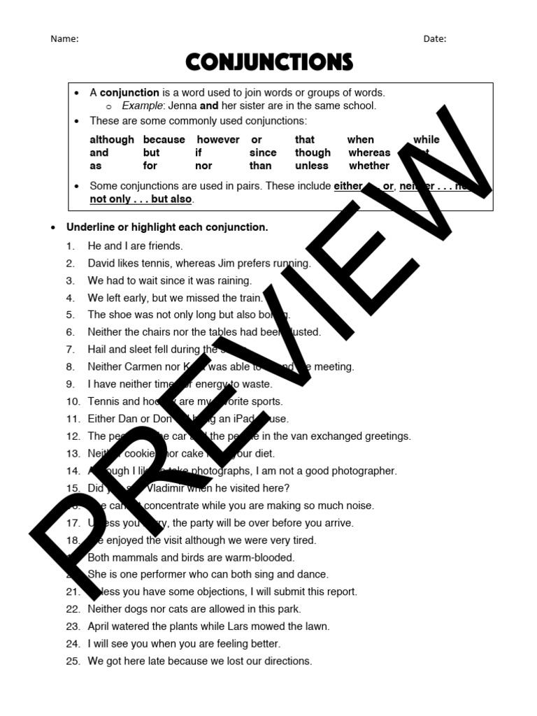 Conjunctions Exercise Guide | PDF