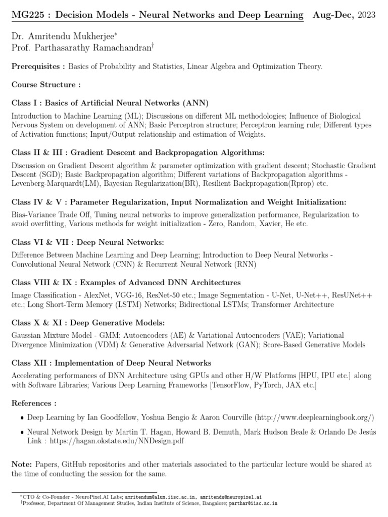 Ann Deep Learning Course Structure Aug Dec2023 Pdf Deep Learning Artificial Neural Network