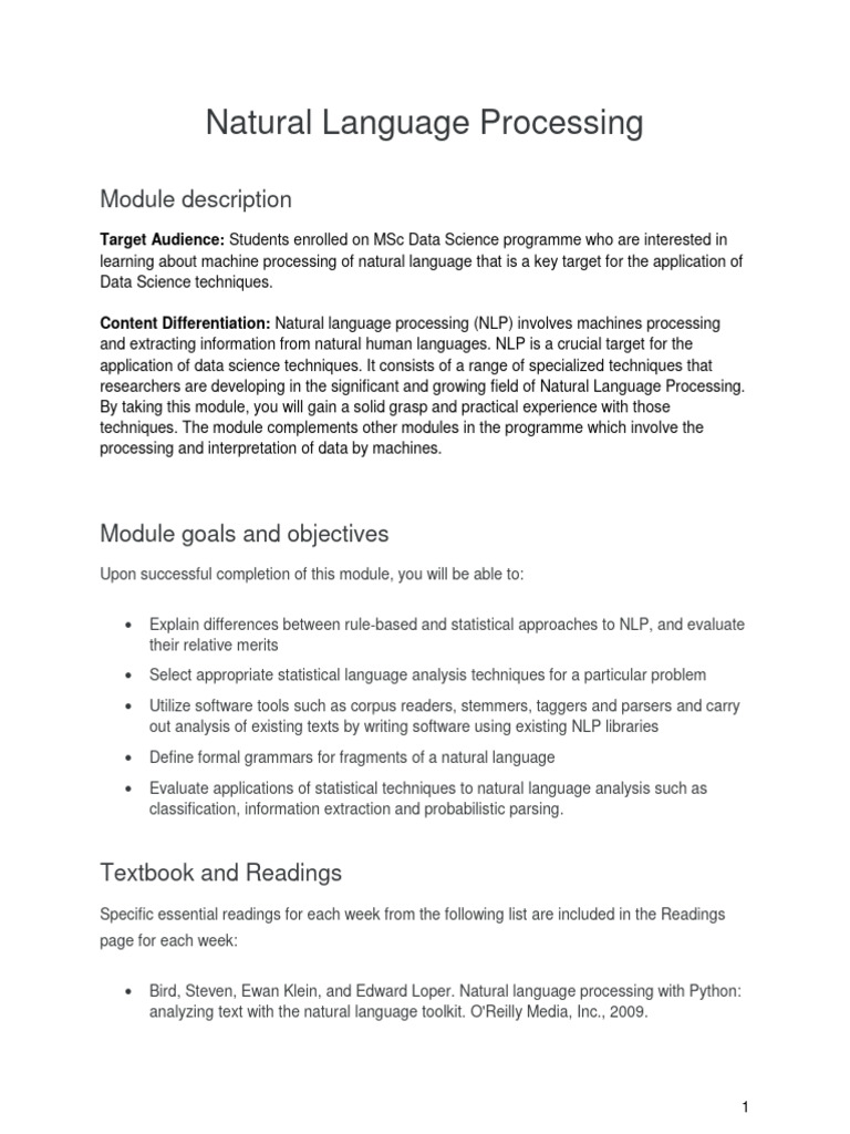 Syllabus CM3060 NLP | PDF | Parsing | Information