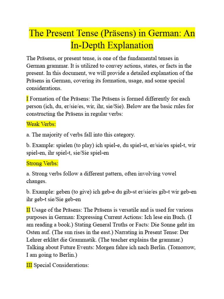 The Present Tense (Präsens) in German An In-Depth Explanation | PDF