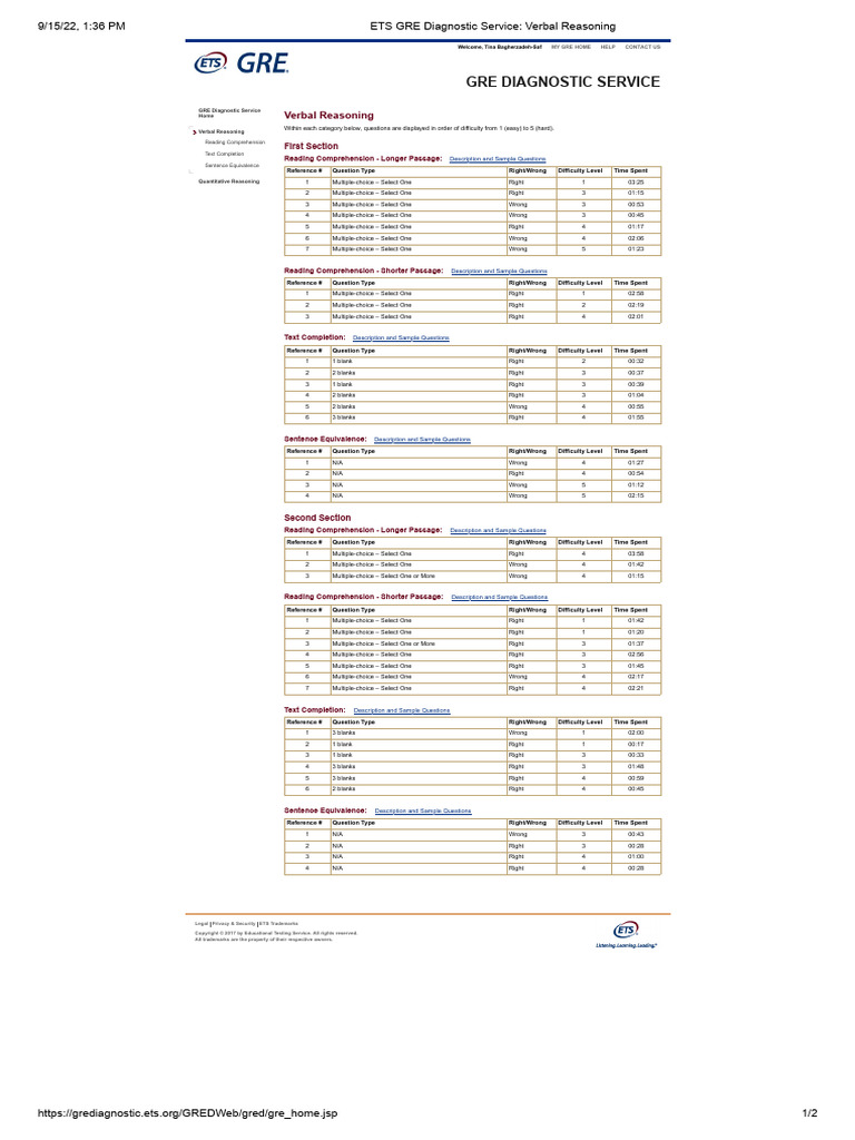 ETS GRE Diagnostic Service - Verbal Reasoning | PDF