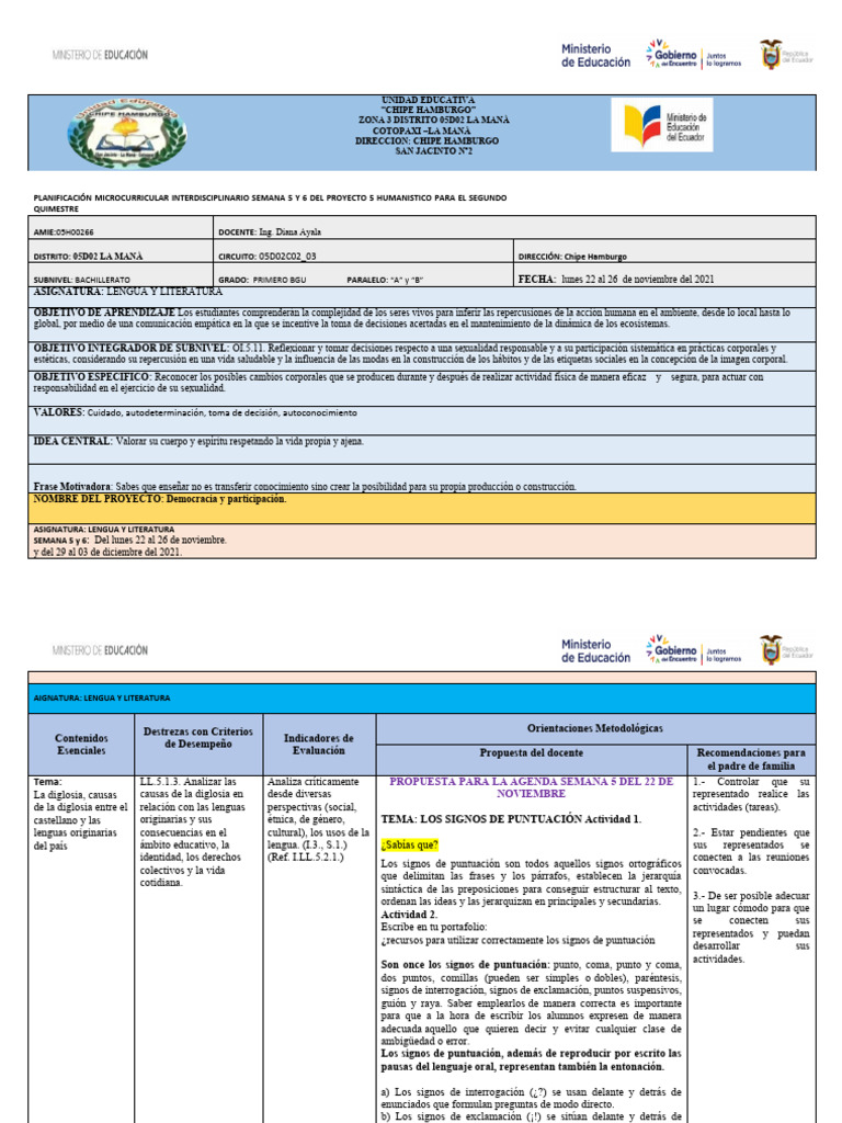 Ing Diana Plan Microcurricular. 6 Lengua 1ro Bgu | PDF