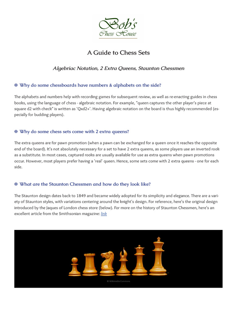 Bob's - Guide To Chess Sets | PDF | Chess | Game Theory