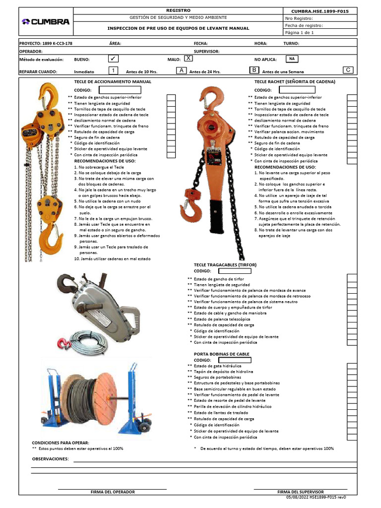 CUMBRA - HSE.1899-F015 - Inspección Pre-Uso de Equipos de Levante Manual - Rev0 | PDF