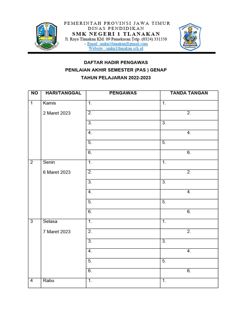 Daftar Hadir Pengawas 2022 | PDF