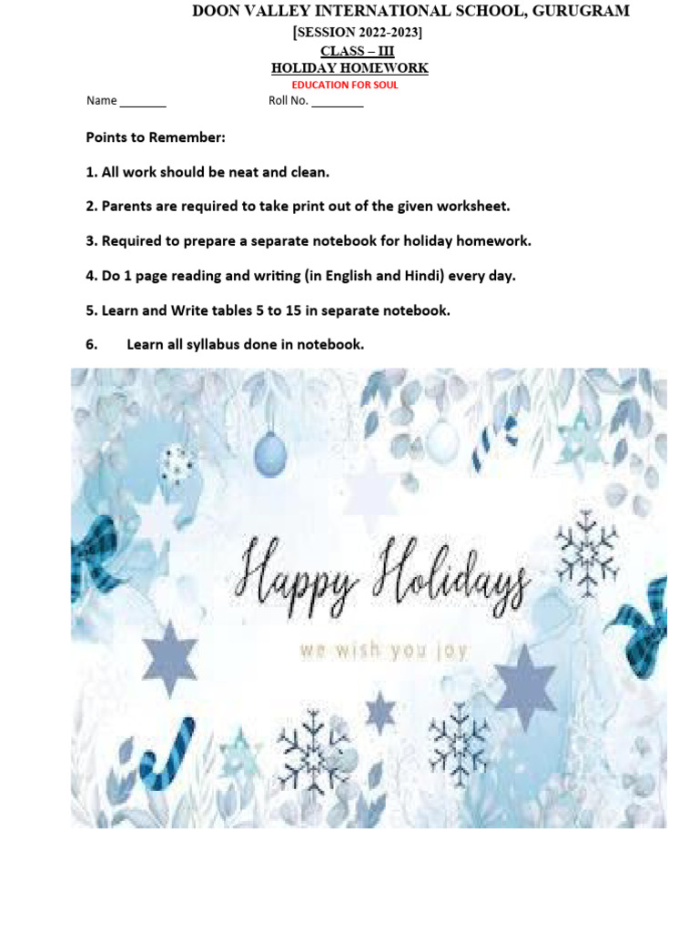Holiday Homework For Class III - Docx New | PDF