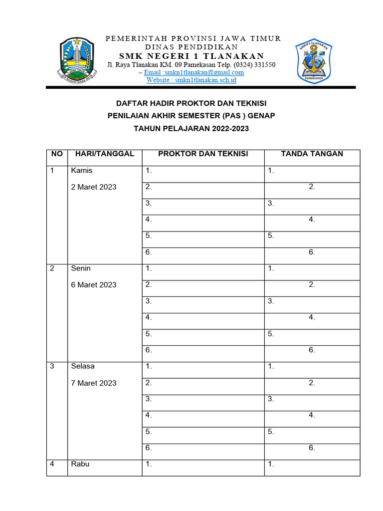 Daftar Hadir Proktor Dan Teknisi | PDF