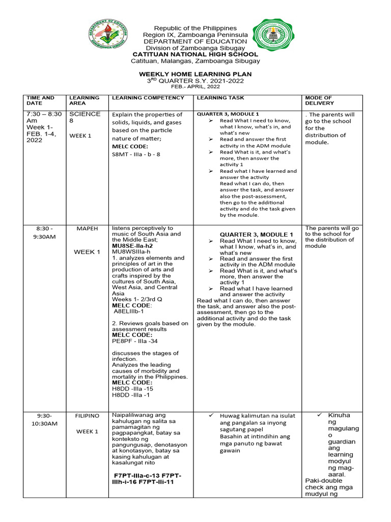 My Weekly Home Learning Plan Q 3, 2022 | PDF