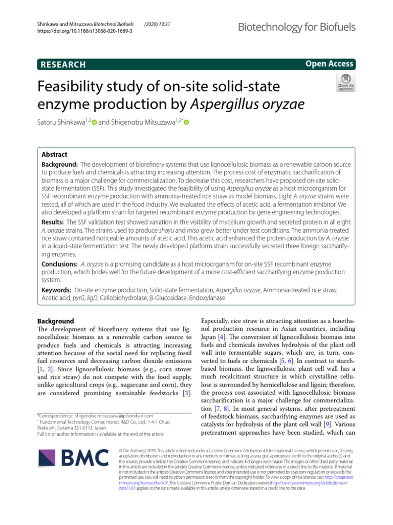 Feasibility Study of On-Site Solid-State Enzyme Production | PDF | Biofuel | Physical Sciences