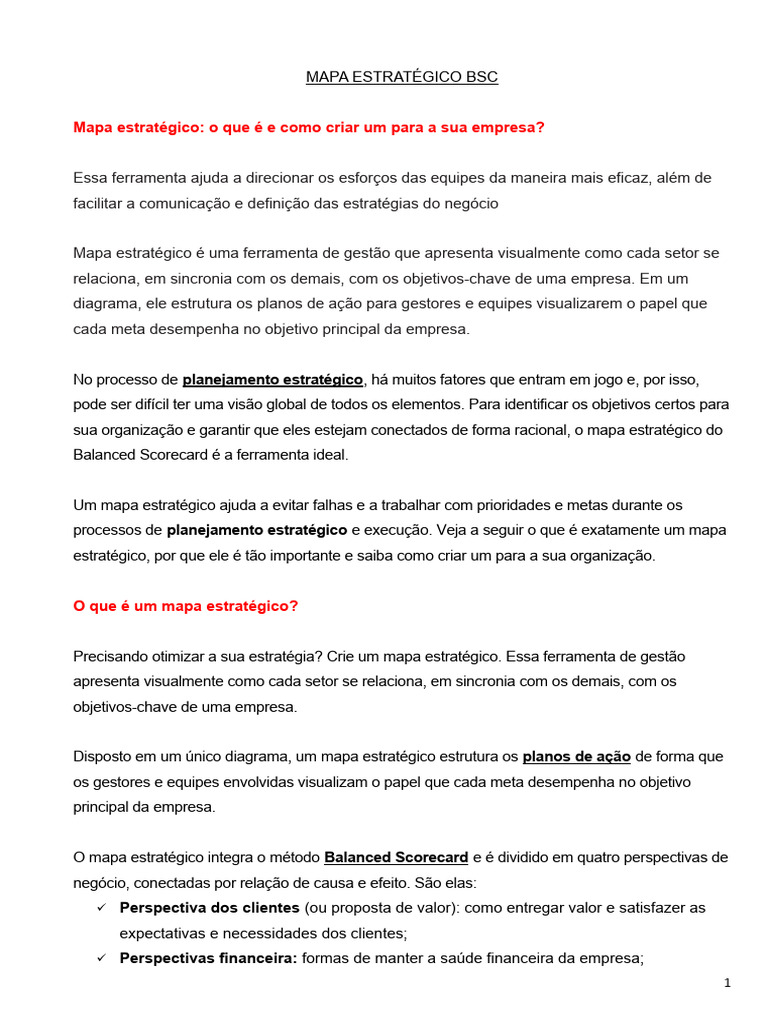 Mapa Estratégico BSC I | PDF | Indicador de desempenho | Qualidade (negócios)