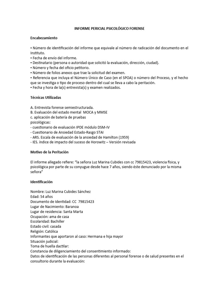 Informe Pericial Psicológico Forense - Estudio | PDF | Relaciones personales, crianza y ...
