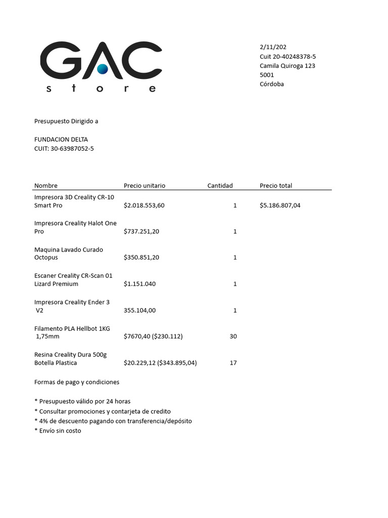 Presupuesto GAC Store | PDF