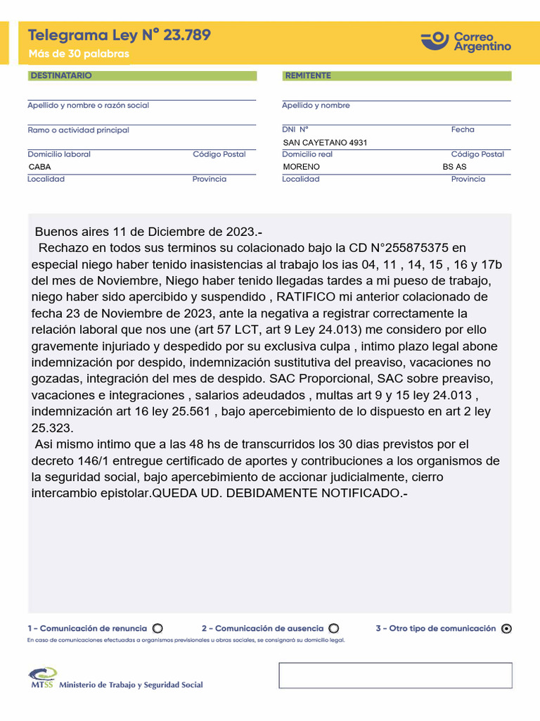 Ejemplo Telegrama Laboral | PDF