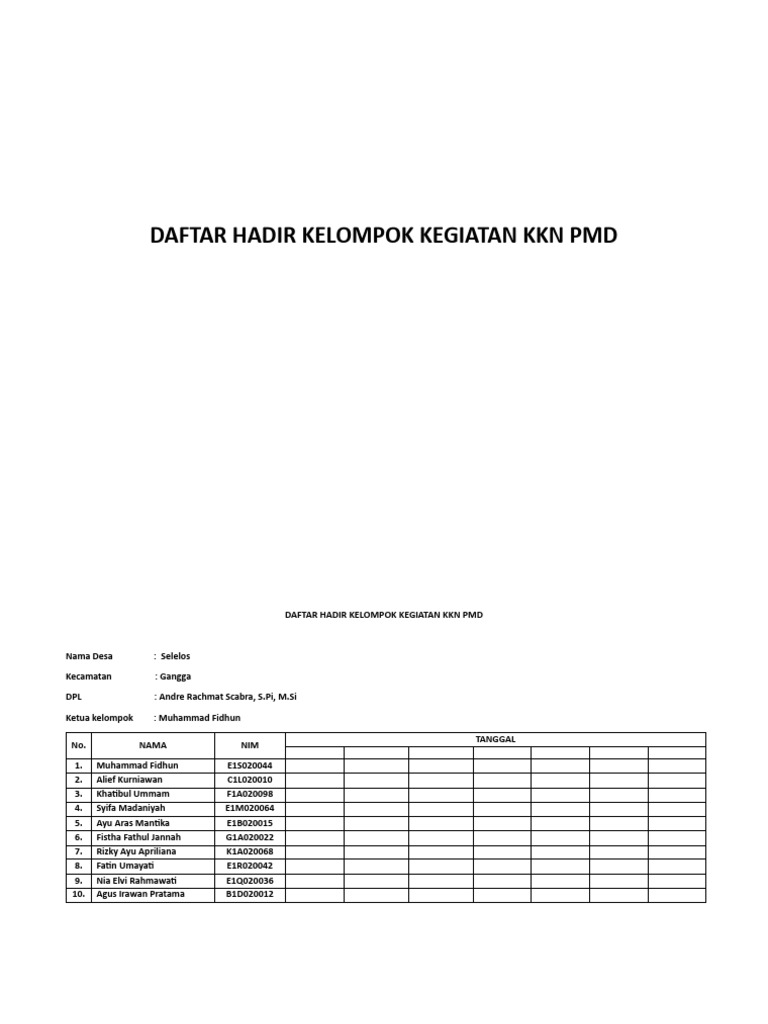 Daftar Hadir Kelompok Kegiatan KKN PMD Selelos | PDF