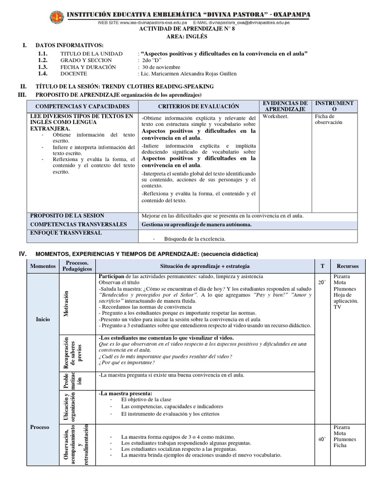 Sesión de Convivencia en El Aula | PDF | Aprendizaje | Salón de clases