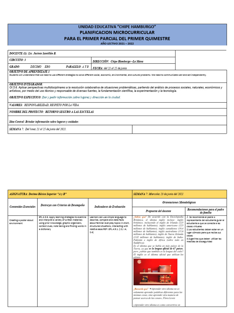 Lic Jacinto PLANIFICACION MICROCURRICULAR DE INGLES DECIMO EGB A Y B | PDF | Idioma en Inglés ...