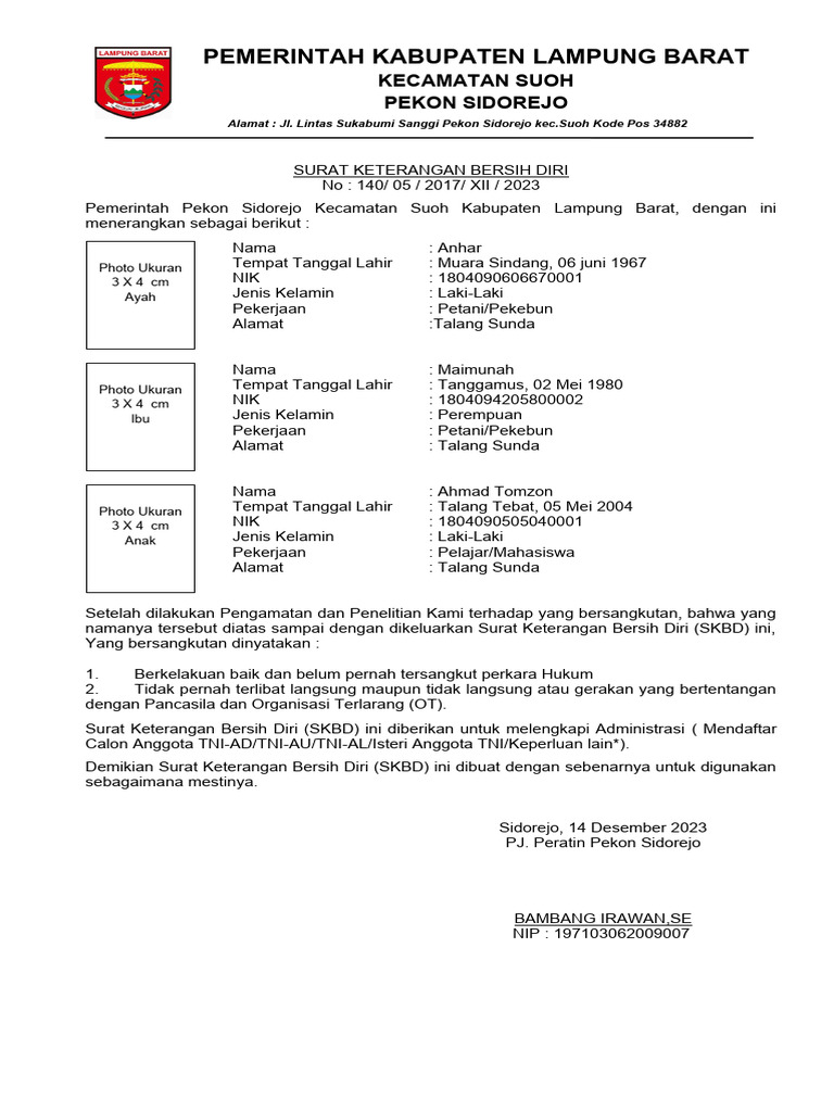 Surat Pengantar SKBD Dari Pekon | PDF