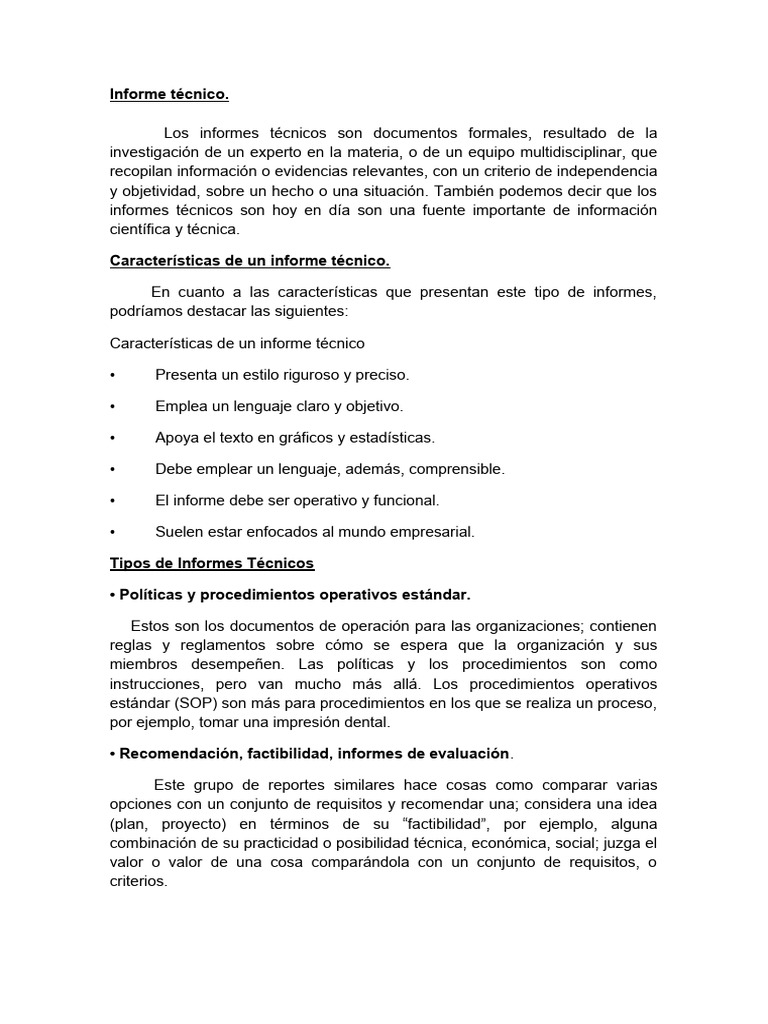 Informe sobre las caracteristicas de un informe tecnito y proyecto de ...