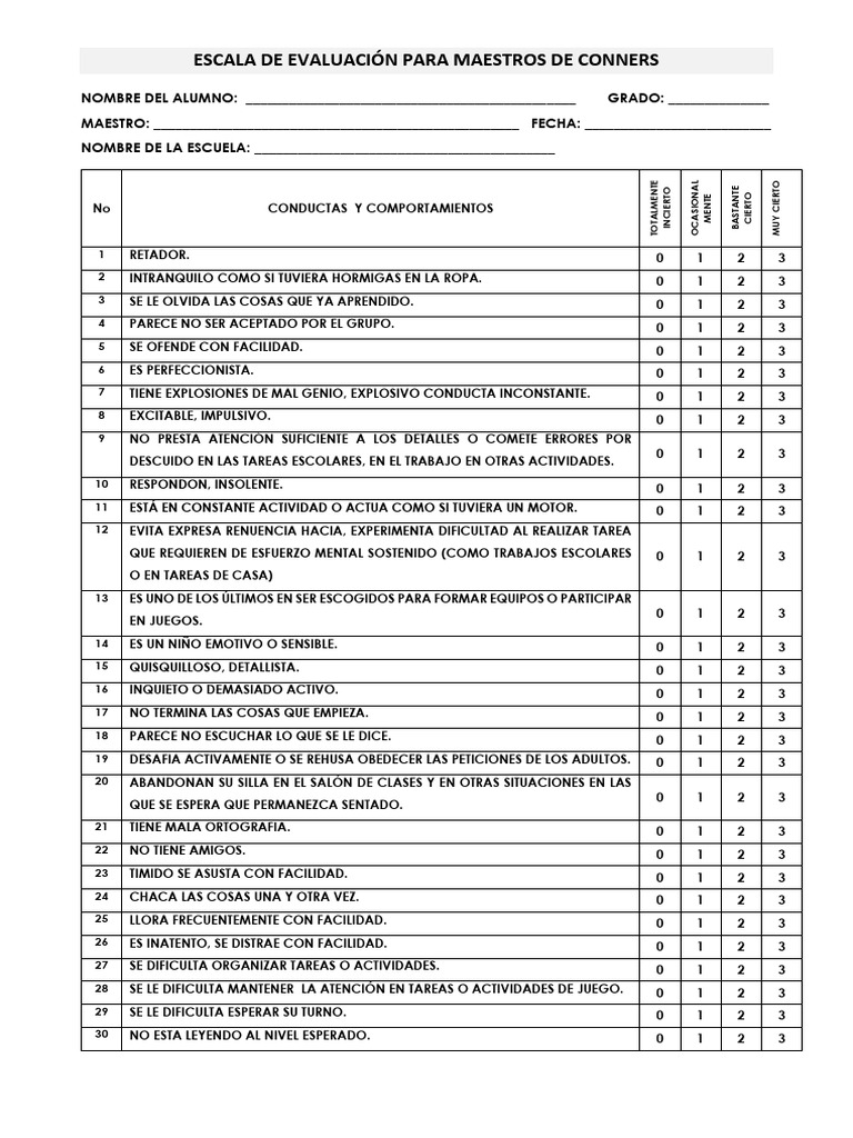 Evaluación Conners para Maestros y Padres | PDF
