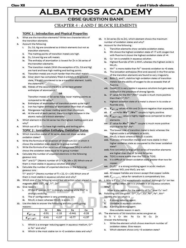 CBSE QUESTION BANK D and F Block Elements | PDF | Transition Metals ...