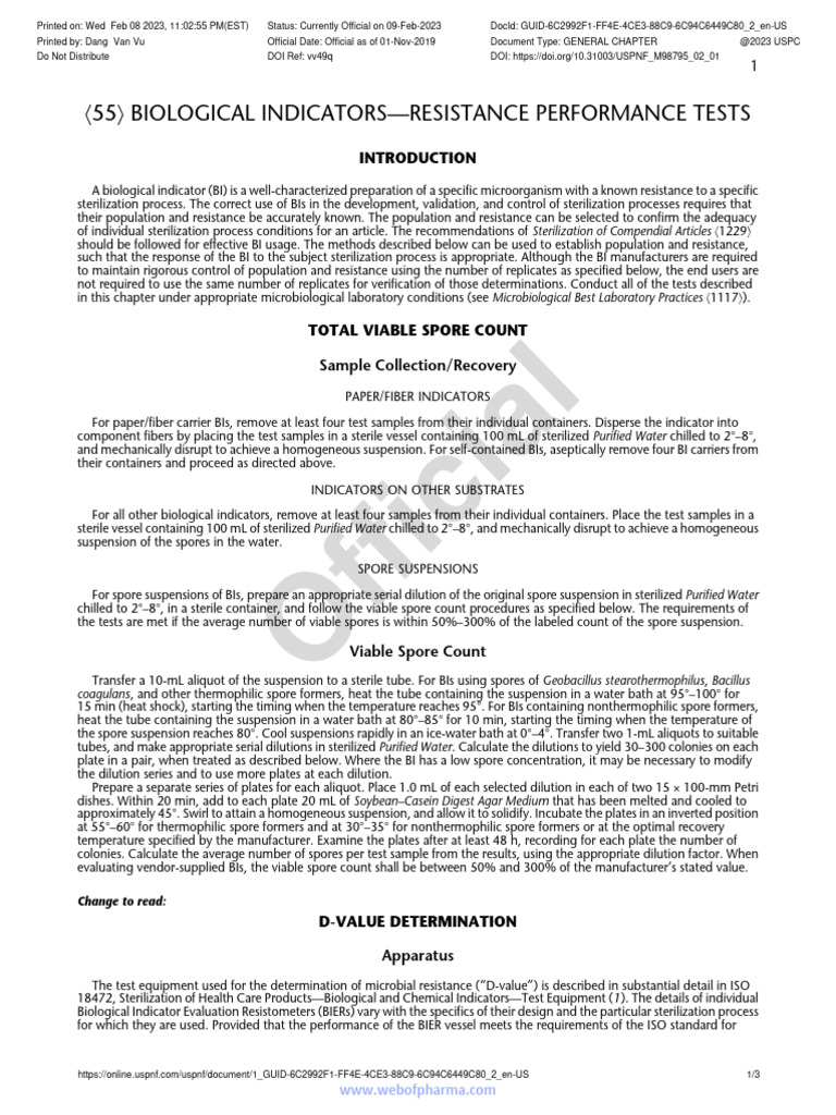 〈55〉 Biological Indicators-Resistance Performance Tests | PDF ...