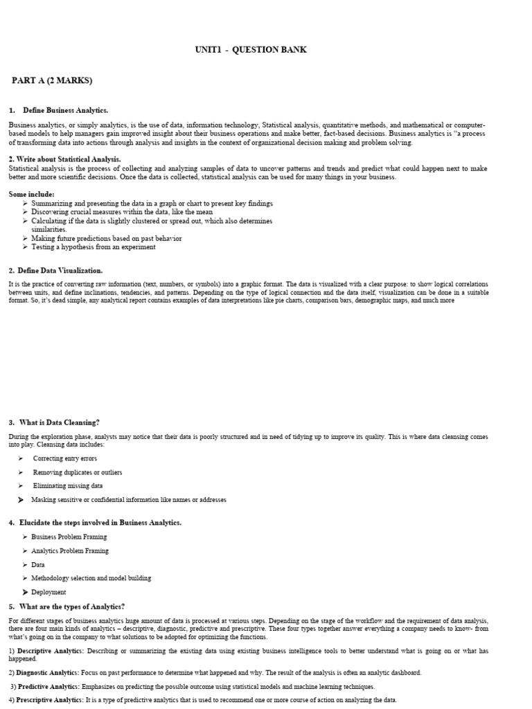 BA Unit 1 Question Bank | PDF | Data Analysis | Analytics