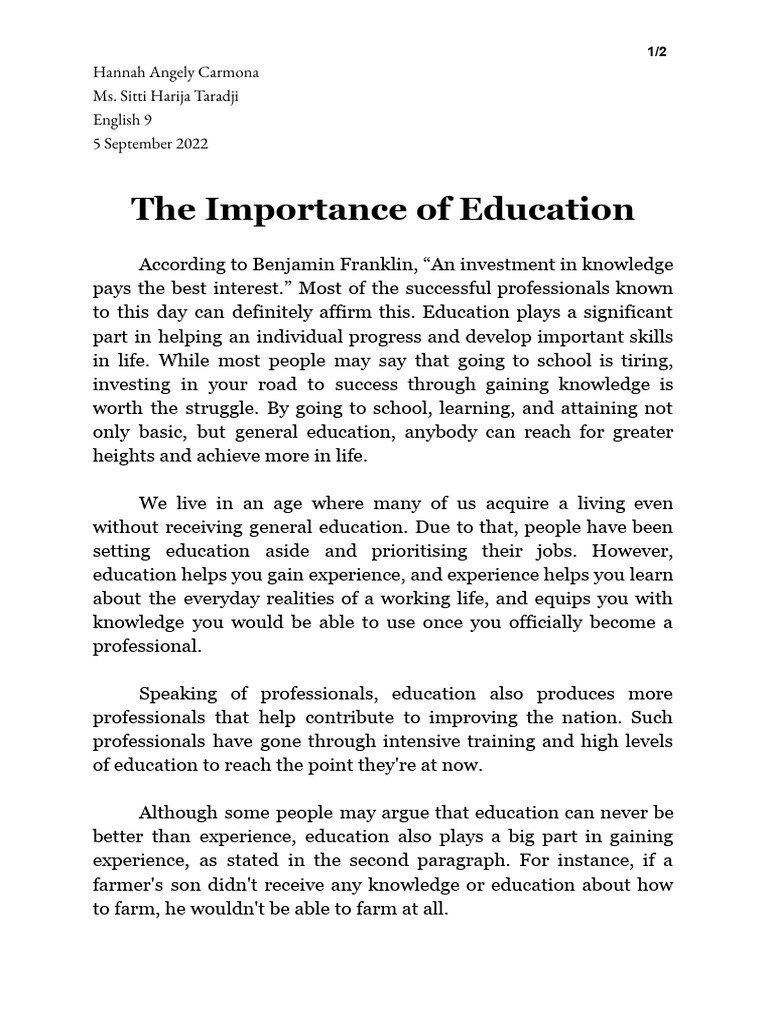 The Importance of Education | PDF | Experience | Knowledge The Importance of Education | PDF | Experience | Knowledge