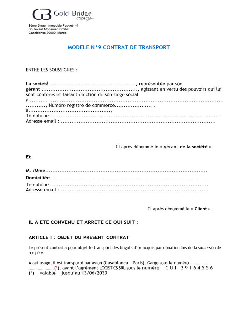 Contrat - Transport Nathalie Bourgeois | PDF