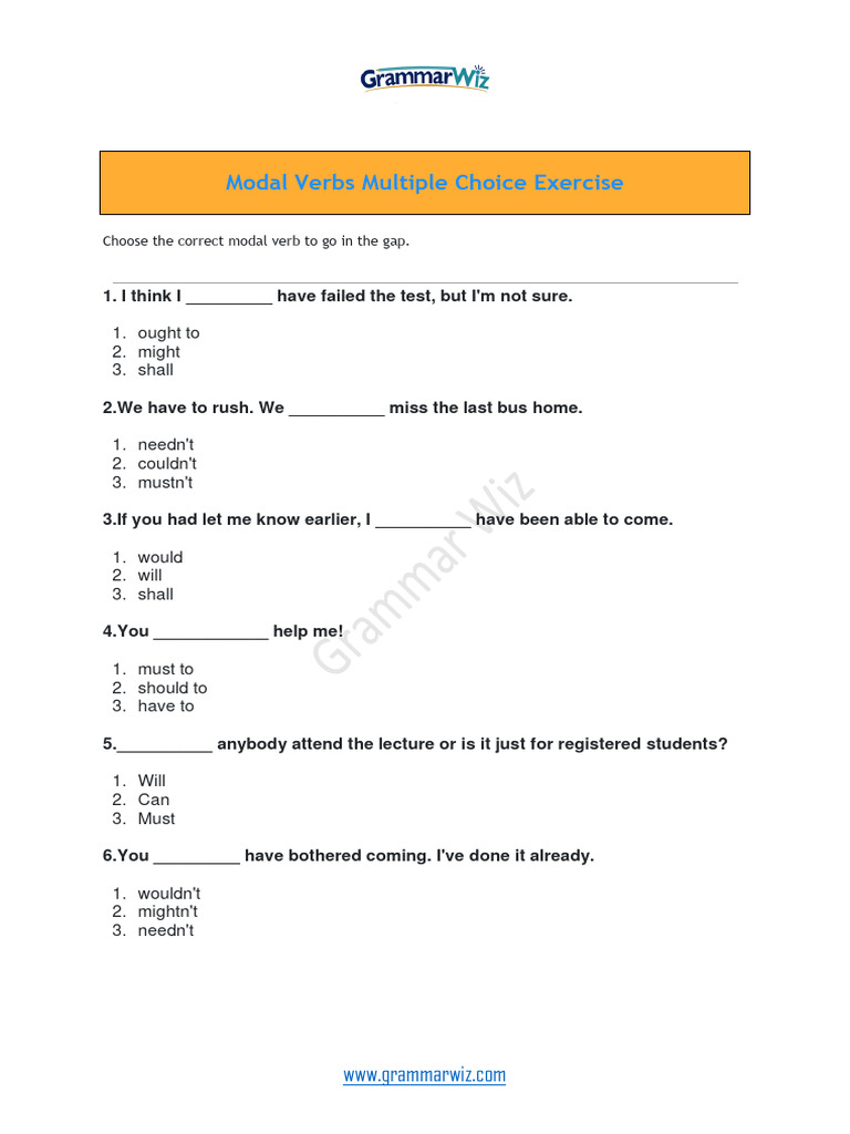 Modals Exercises Multiple Choice Questions With Answers – QGEGCG