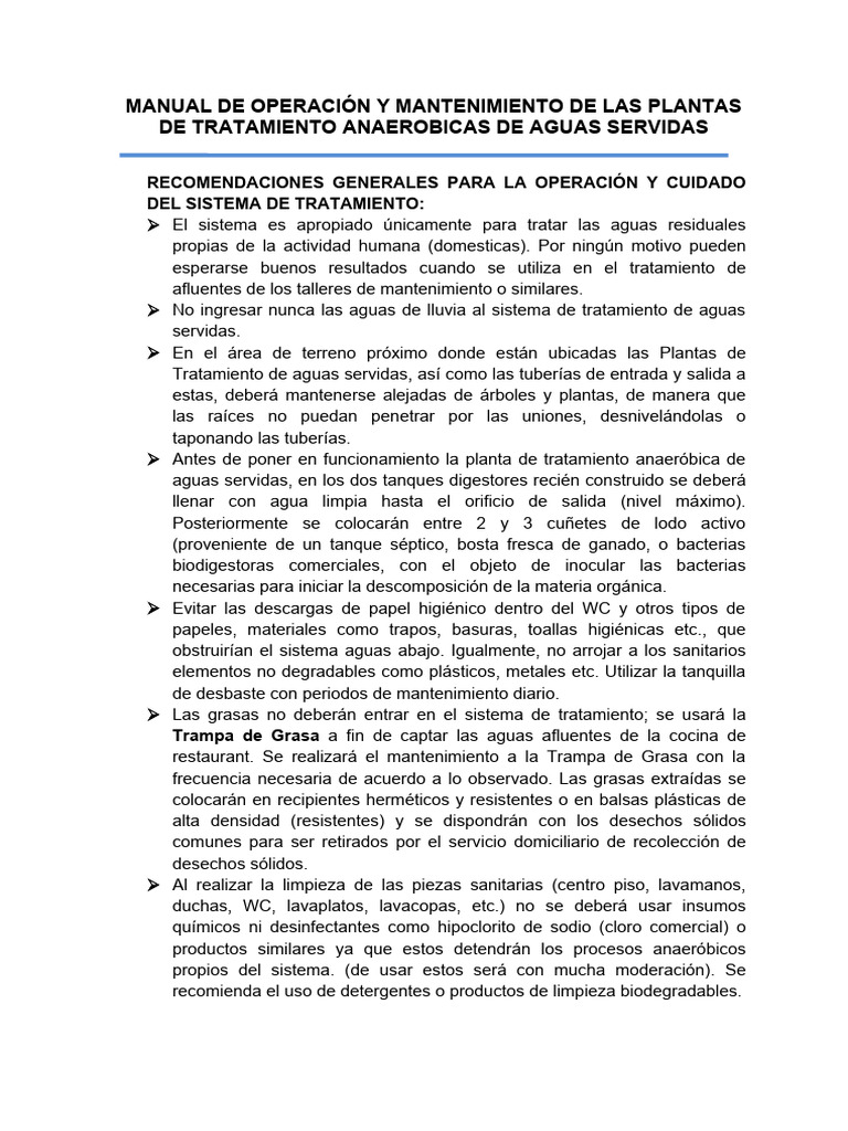 Manual de Operación y Mantenimiento de STAR Anaerobicos Agosto 2023 | PDF | Tratamiento de aguas ...