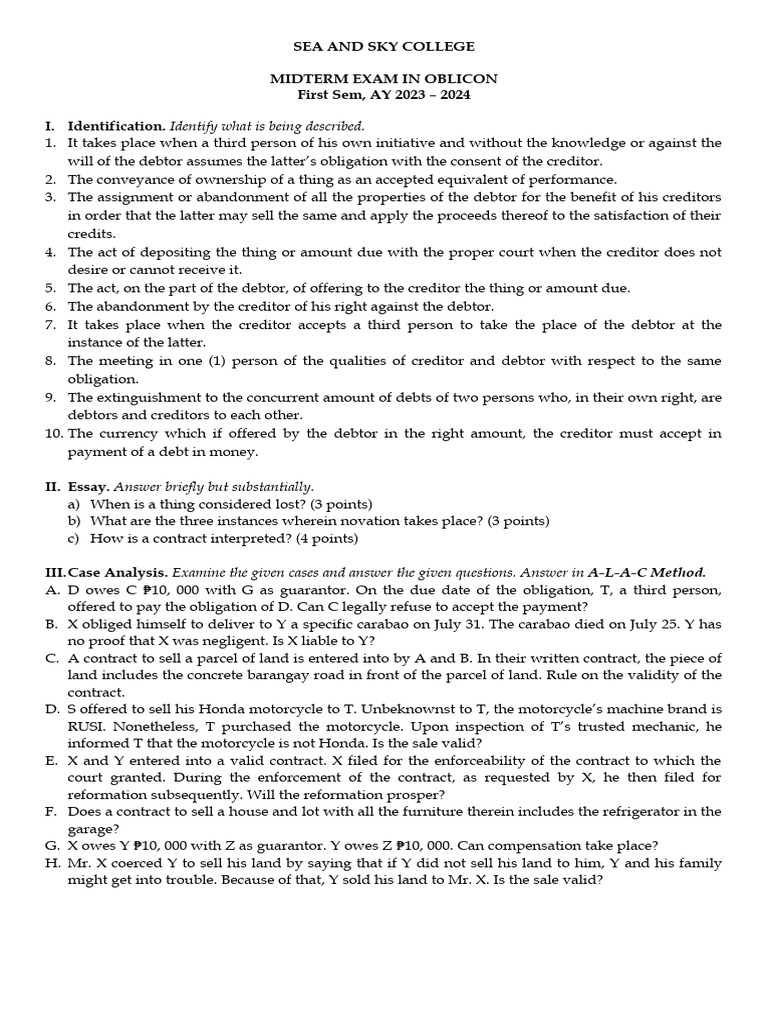 Midterm Exam: Obligations and Contracts | PDF