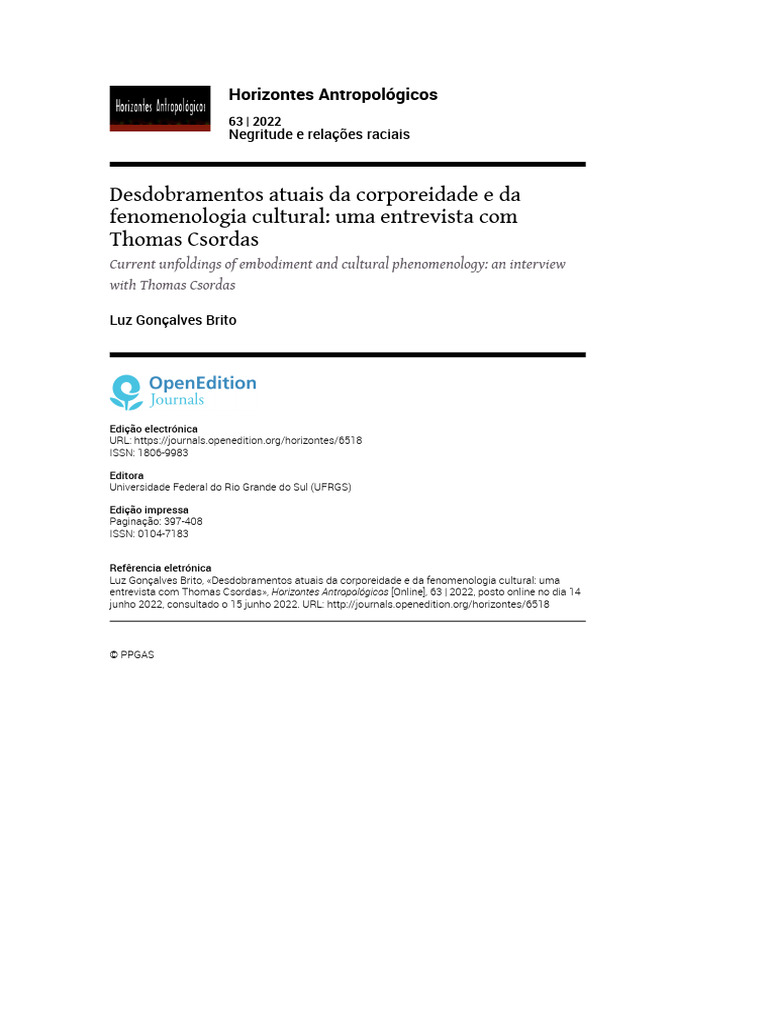 Thomas J. Csordas Entrevista Horizontes | PDF
