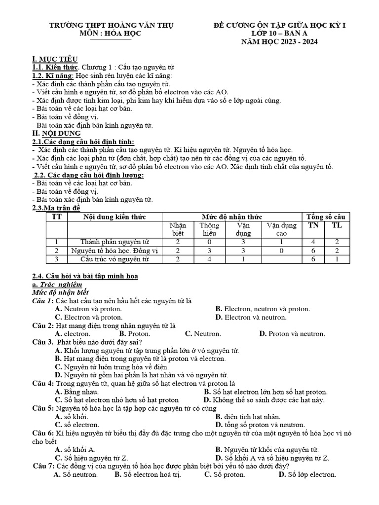 De Cuong Hoa Hoc 10 Giua Ky 1 Nam 2023 2024 Truong THPT Hoang Van Thu Ha Noi | PDF