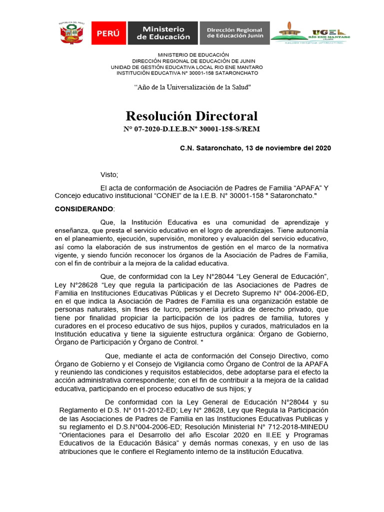 Reconocimiento APAFA y CONEI Sataronchato | PDF | Institución | Justicia