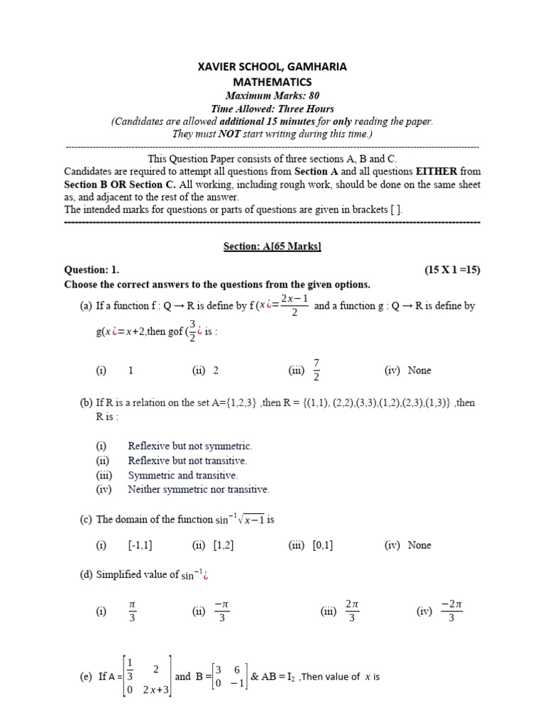 Preboard Maths - XIIA 04.12.2023 | PDF | Fertilizer | Applied Mathematics